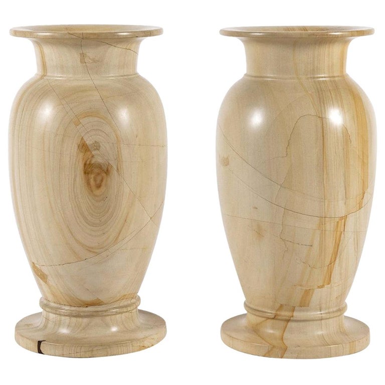 Pair of Large Teak Wood Marble Vases For Sale at 1stDibs