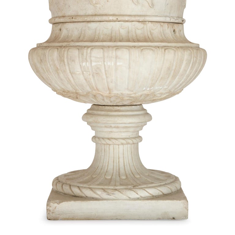 Pair of large, very fine carved marble garden urns of Campana form with ...