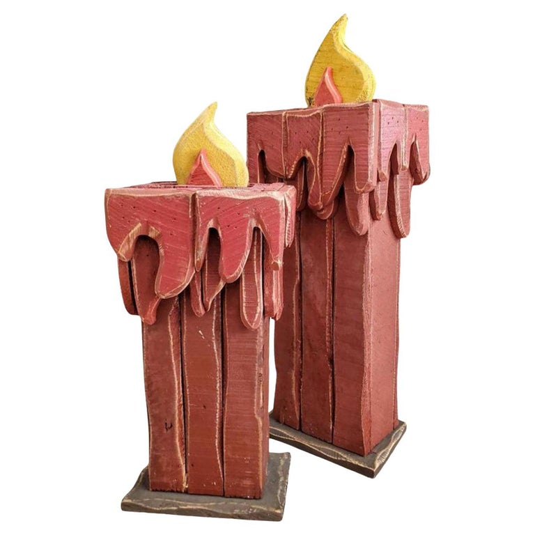 Pair of Large Vintage American Folk Art Holiday Candle Sculptures For ...