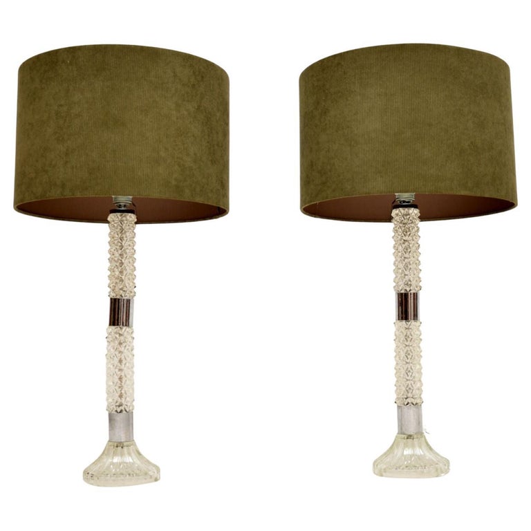 Pair of Large Vintage Glass and Chrome Table Lamps For Sale at 1stDibs