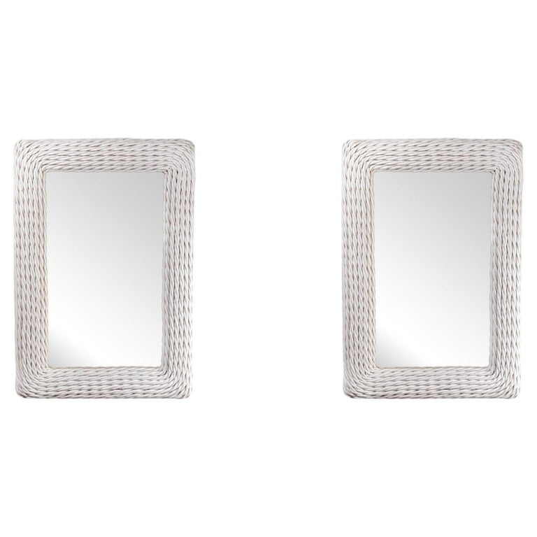 Pair of Large White Painted Rattan Mirrors For Sale at 1stDibs