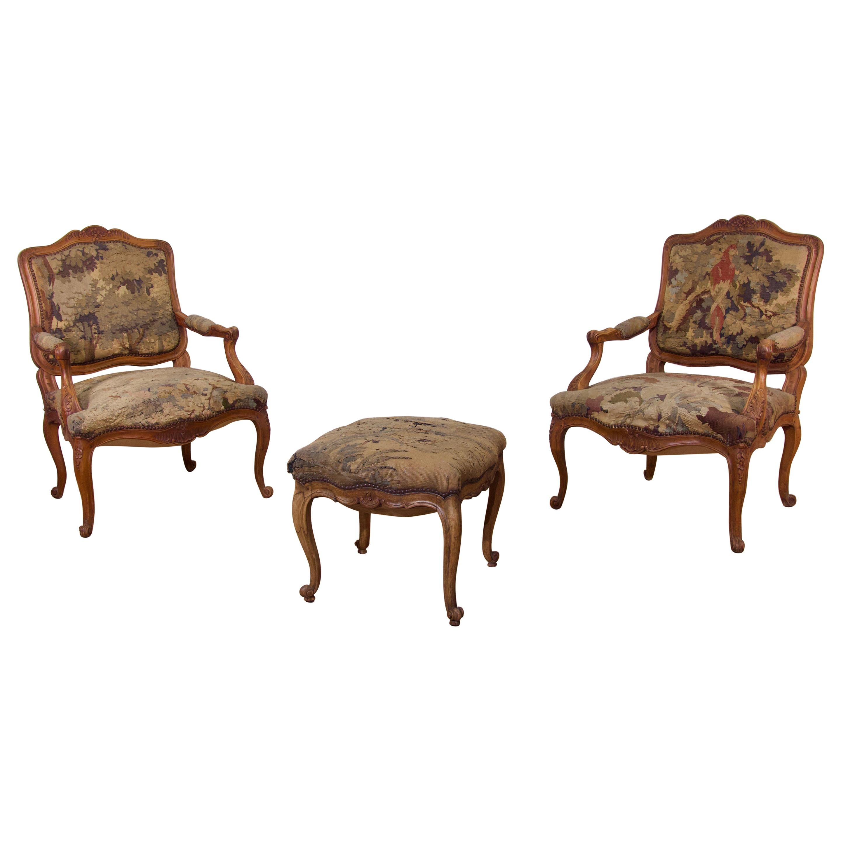 Antique French Louis Xv Style Carved Walnut And Tapestry Arm Chair