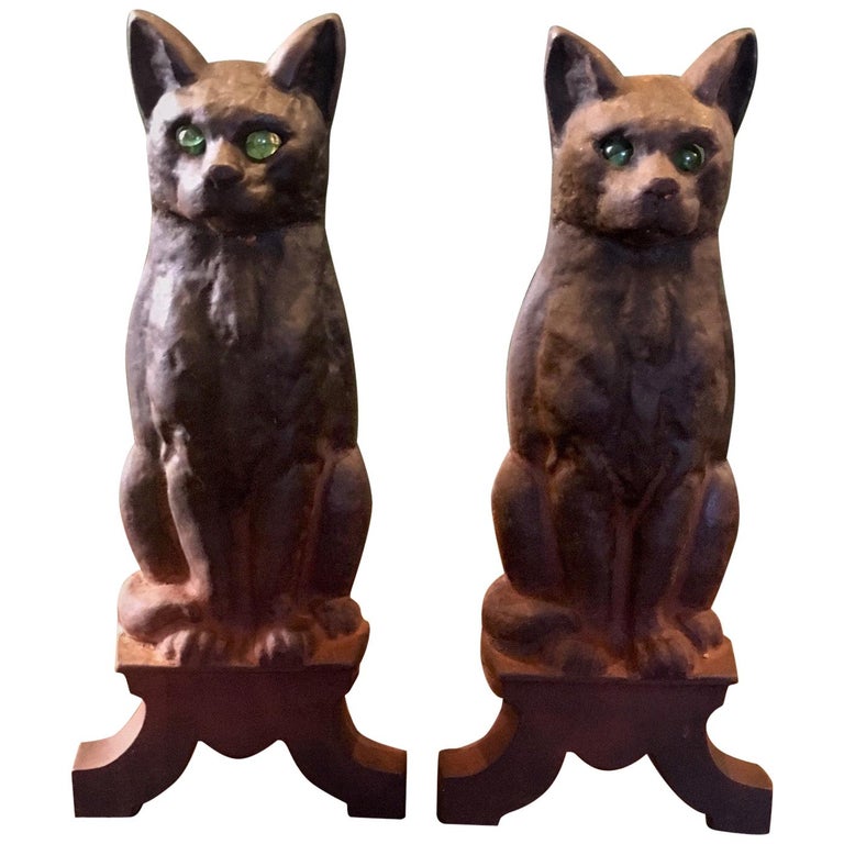 Pair of Late 19th Century Cast Iron Cat Andirons with Green Glass Eyes ...