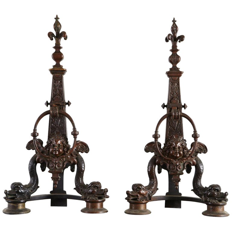 Pair of Late 19th Century French Baroque Bronze Andirons with Dolphin ...