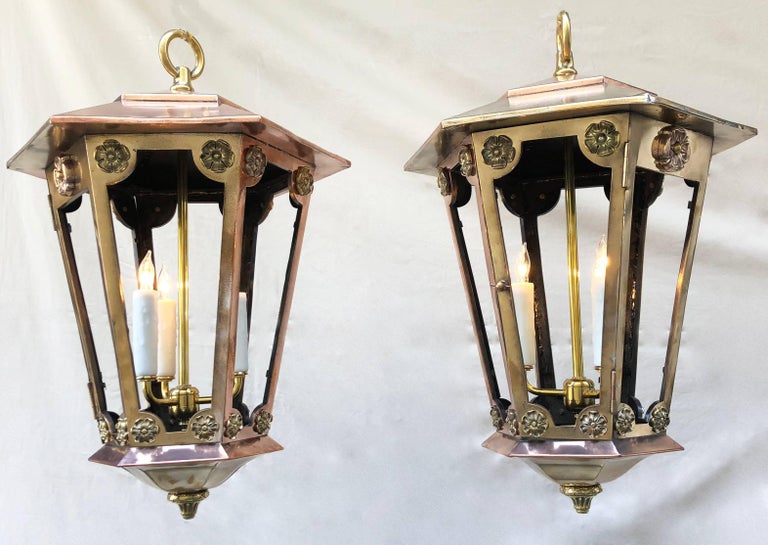 Pair of Late 19th Century New York Copper and Brass Gas Lanterns at 1stDibs