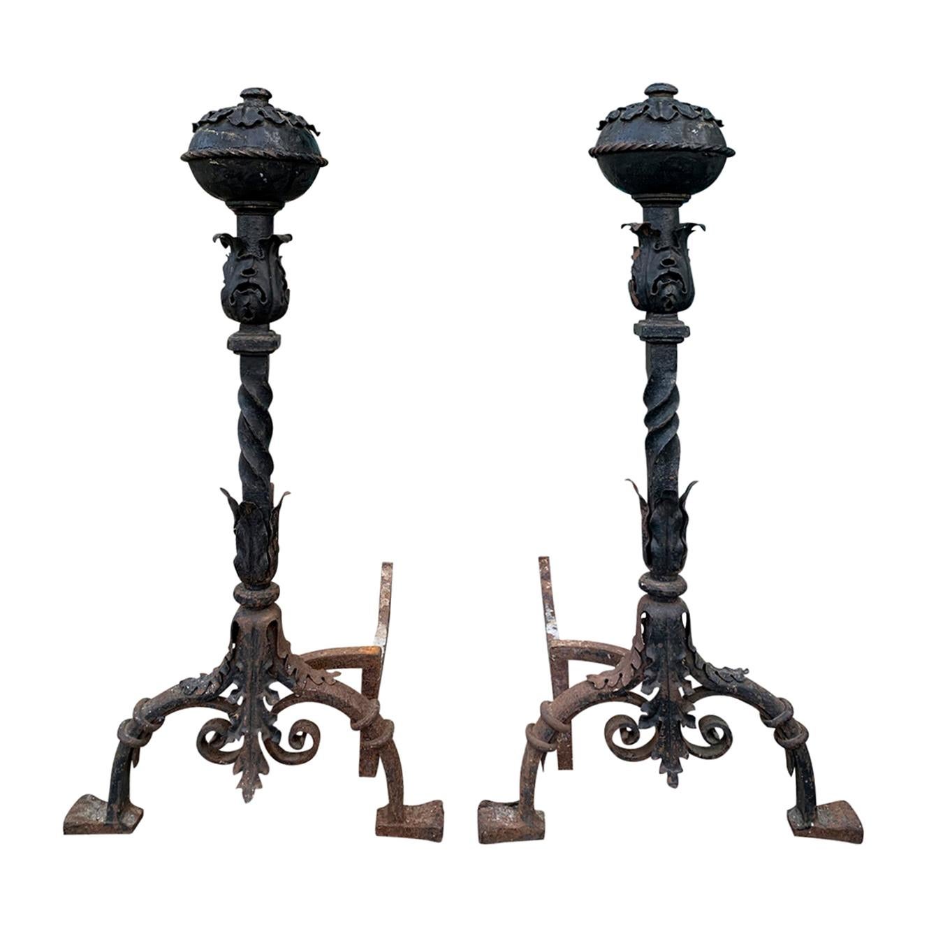 Pair of 20th Century Large Scale Wrought Iron Andirons For Sale at 1stDibs