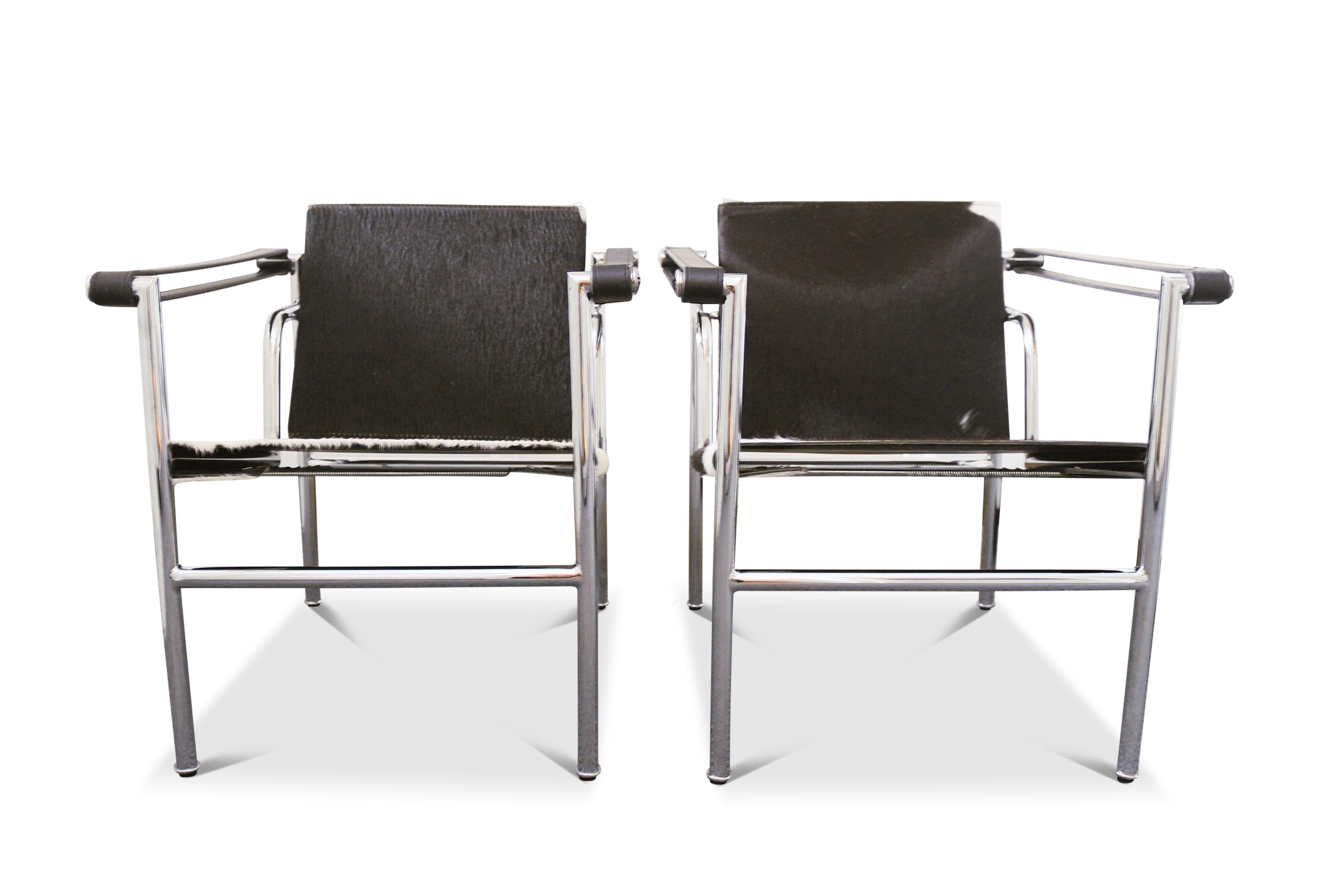 Pair of Le Corbusier Style LC1 Pony Skin Arm Chairs with Sling Arms For ...