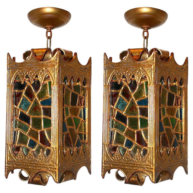 Pair of Leaded Glass Gilt Lanterns, Sold Individually For Sale at 1stDibs