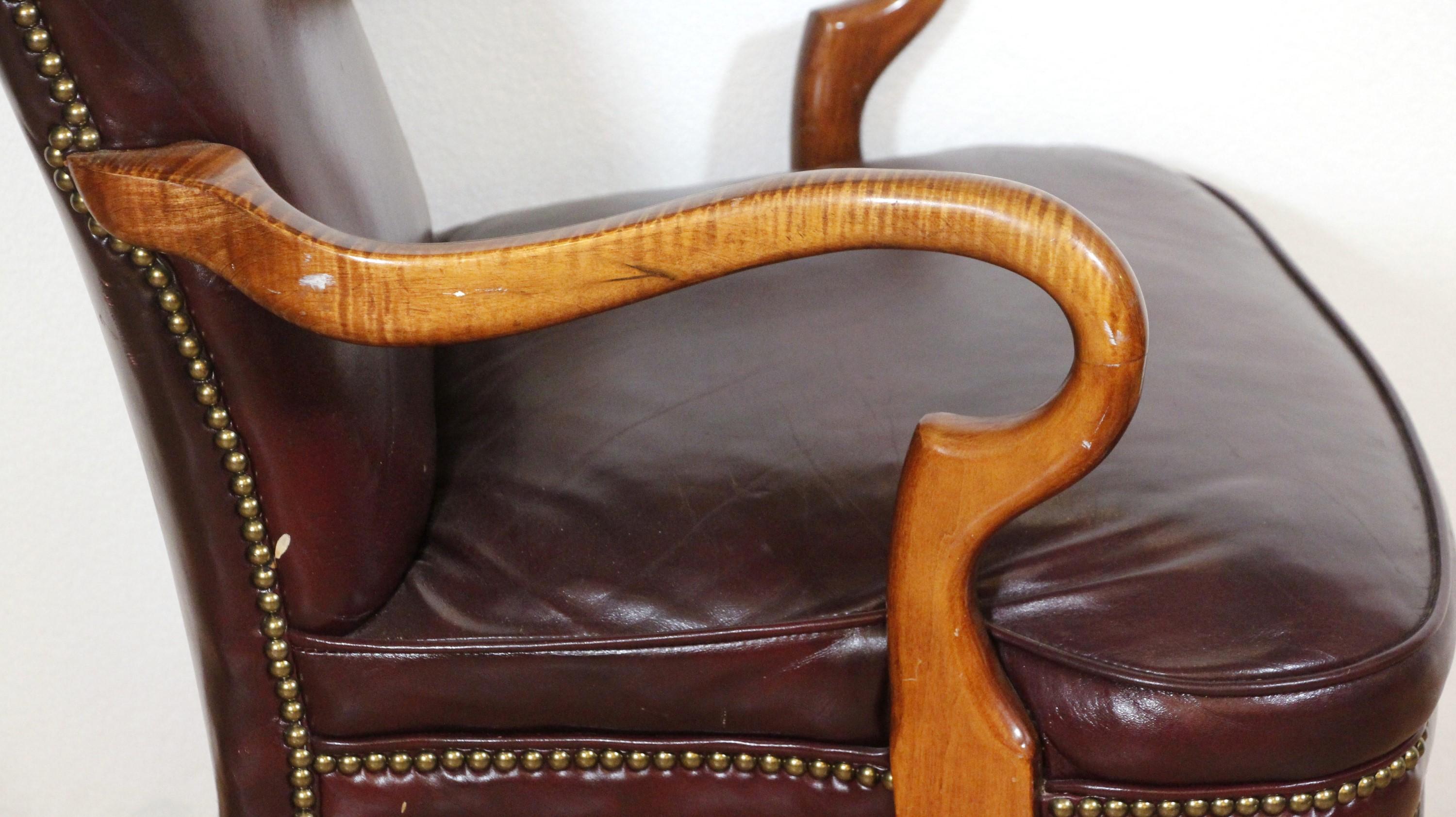 Pair of Leather Armchairs Scrolled Wood Arms and Carved Legs For Sale ...