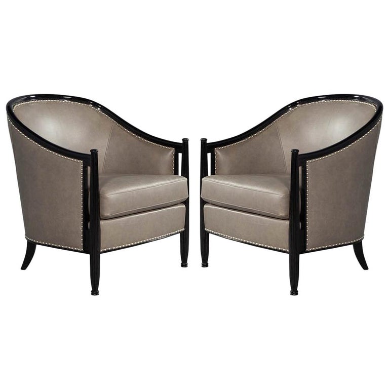 Pair of Leather Art Deco Parlor Armchairs with Black Lacquer Finish For ...