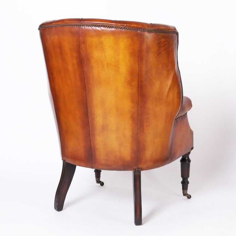 Pair of Leather Button Tufted Wingback British Colonial Style Armchairs ...
