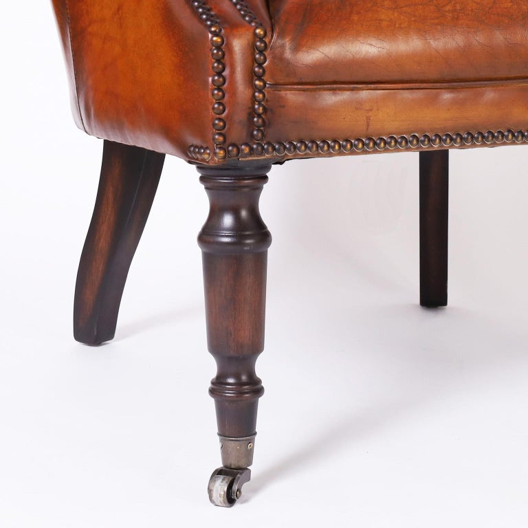Pair of Leather Button Tufted Wingback British Colonial Style Armchairs ...