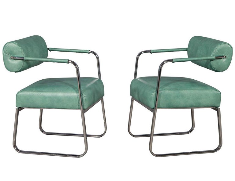 Pair of Leather Vintage Modern Roll Back Accent Chairs For Sale at 1stDibs
