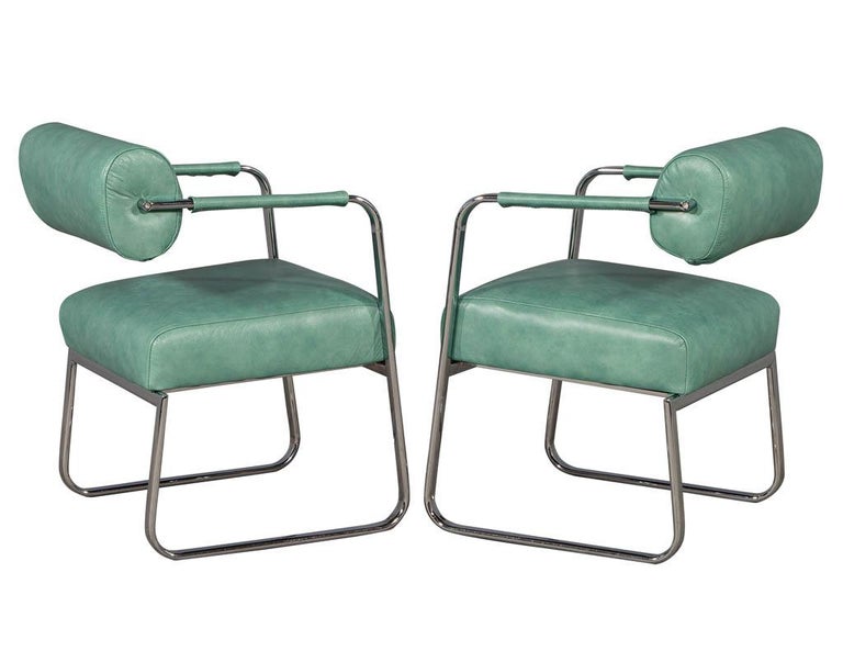 Pair of Leather Vintage Modern Roll Back Accent Chairs For Sale at 1stDibs