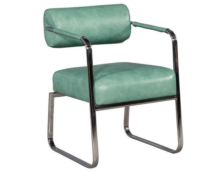 Pair of Leather Vintage Modern Roll Back Accent Chairs For Sale at 1stDibs