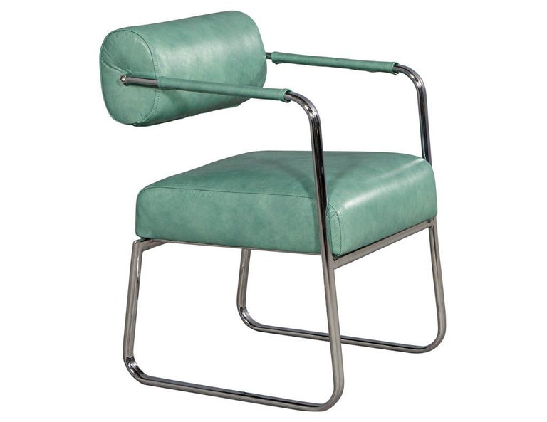 Pair of Leather Vintage Modern Roll Back Accent Chairs For Sale at 1stDibs