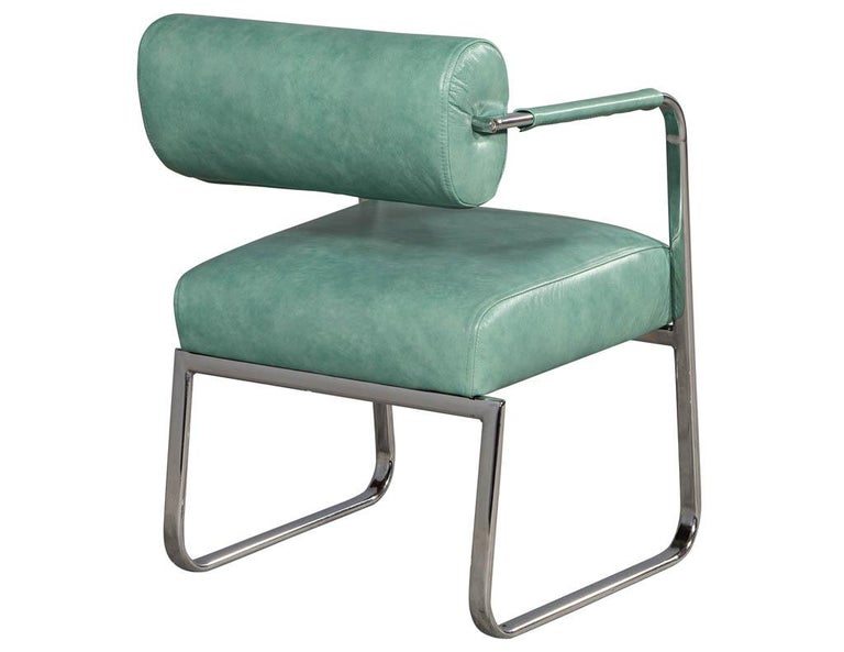 Pair of Leather Vintage Modern Roll Back Accent Chairs For Sale at 1stDibs