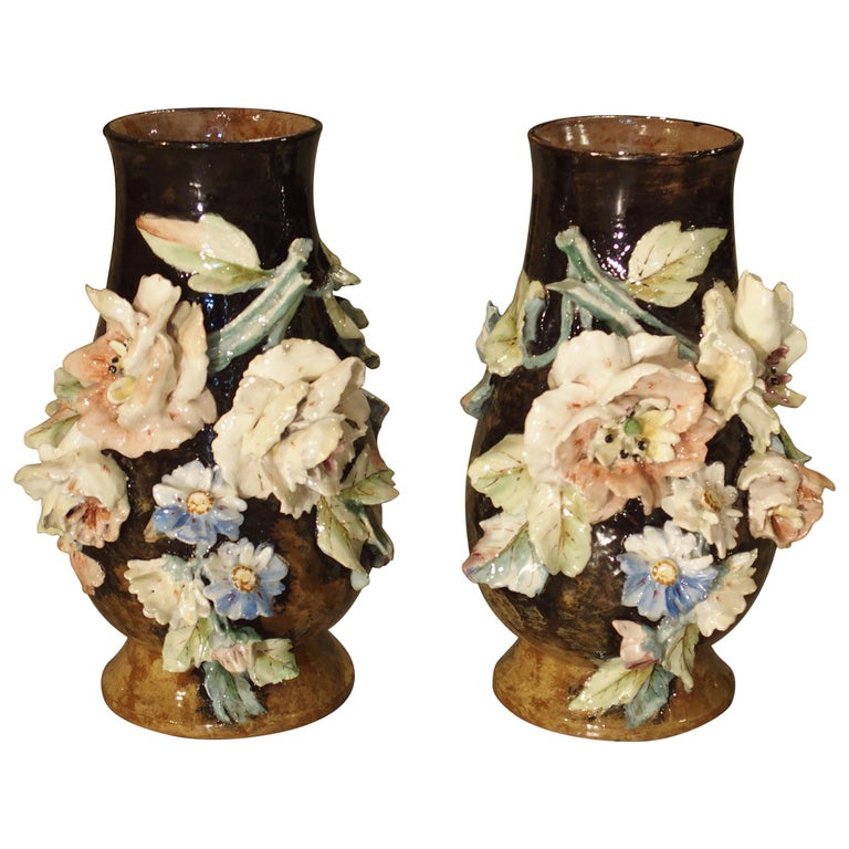 Pair of Lefront Gros Relief Barbotine Vases from France, Late 19th ...
