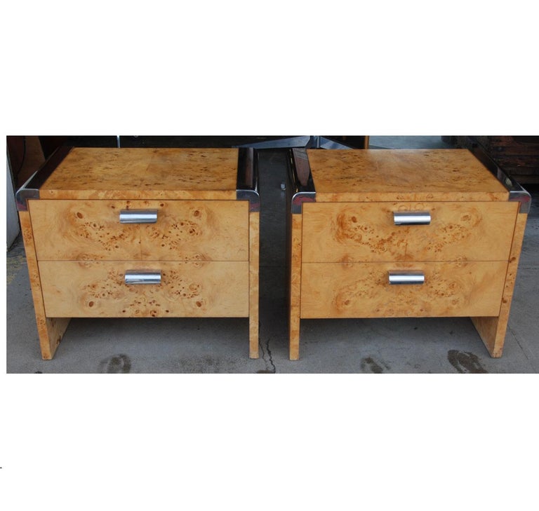 Pair of Leon Rosen for Pace Burl Chrome Nightstands at 1stDibs