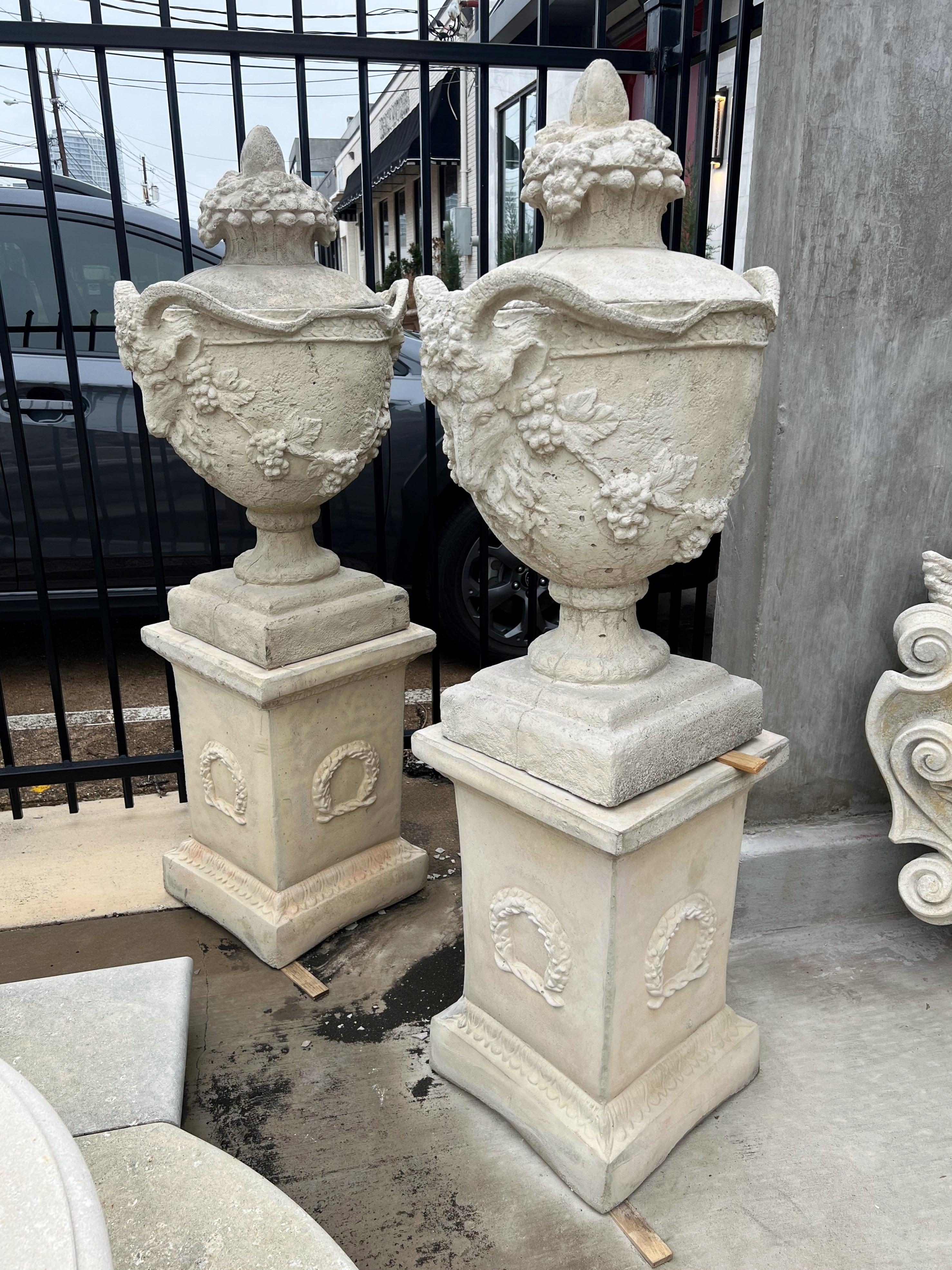 Pair of Lidded French Garden Urns with Rams Heads and Grape Vines on ...