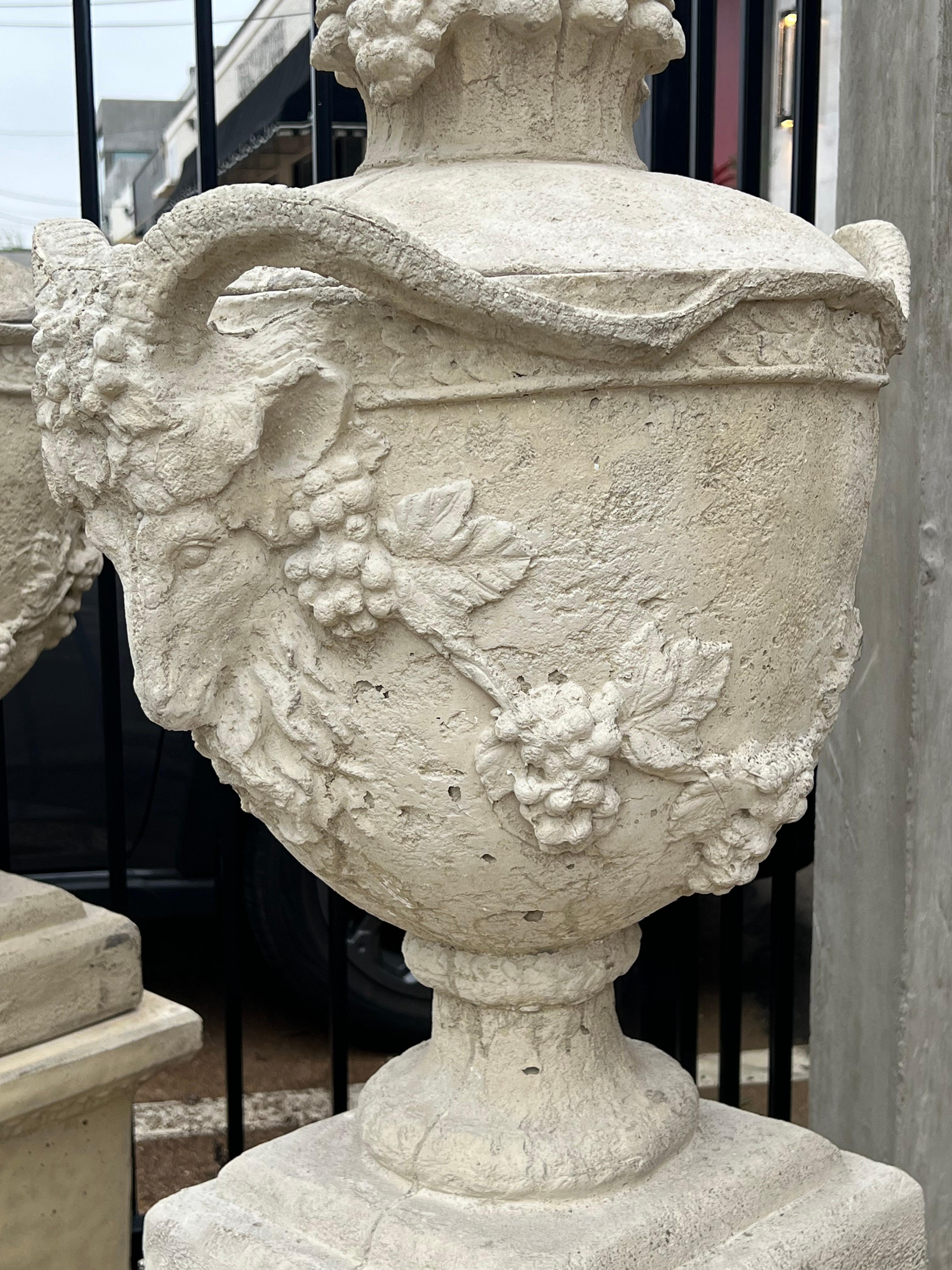 Pair of Lidded French Garden Urns with Rams Heads and Grape Vines on ...