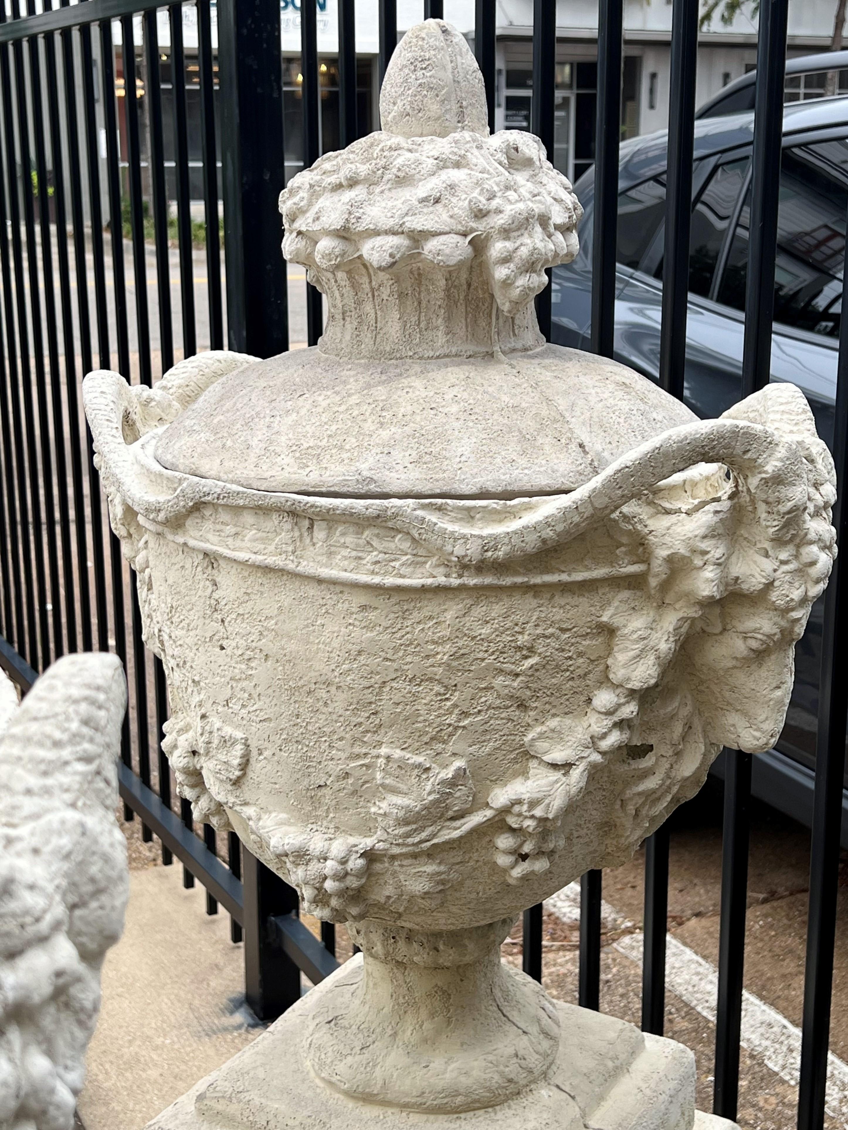 Pair of Lidded French Garden Urns with Rams Heads and Grape Vines on ...