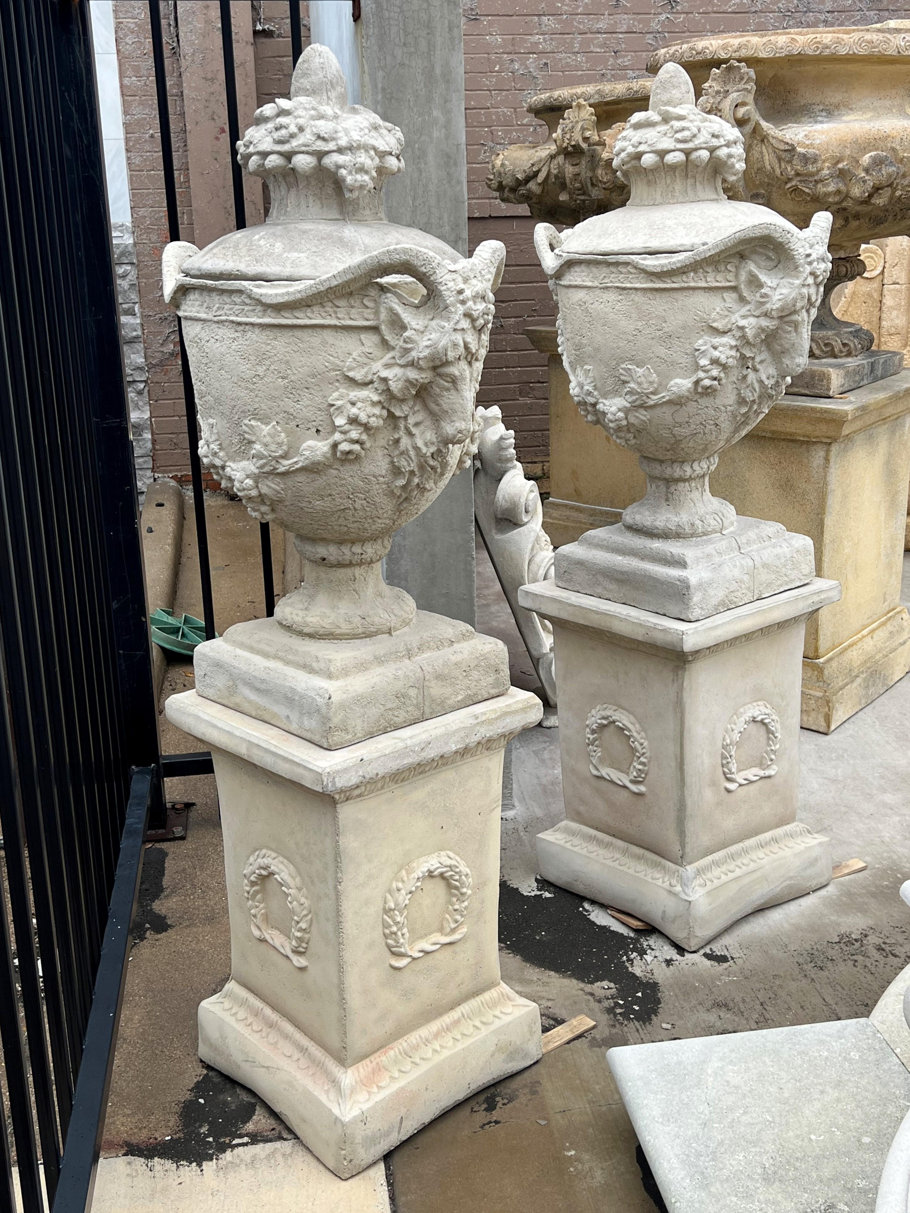 Pair of Lidded French Garden Urns with Rams Heads and Grape Vines on ...