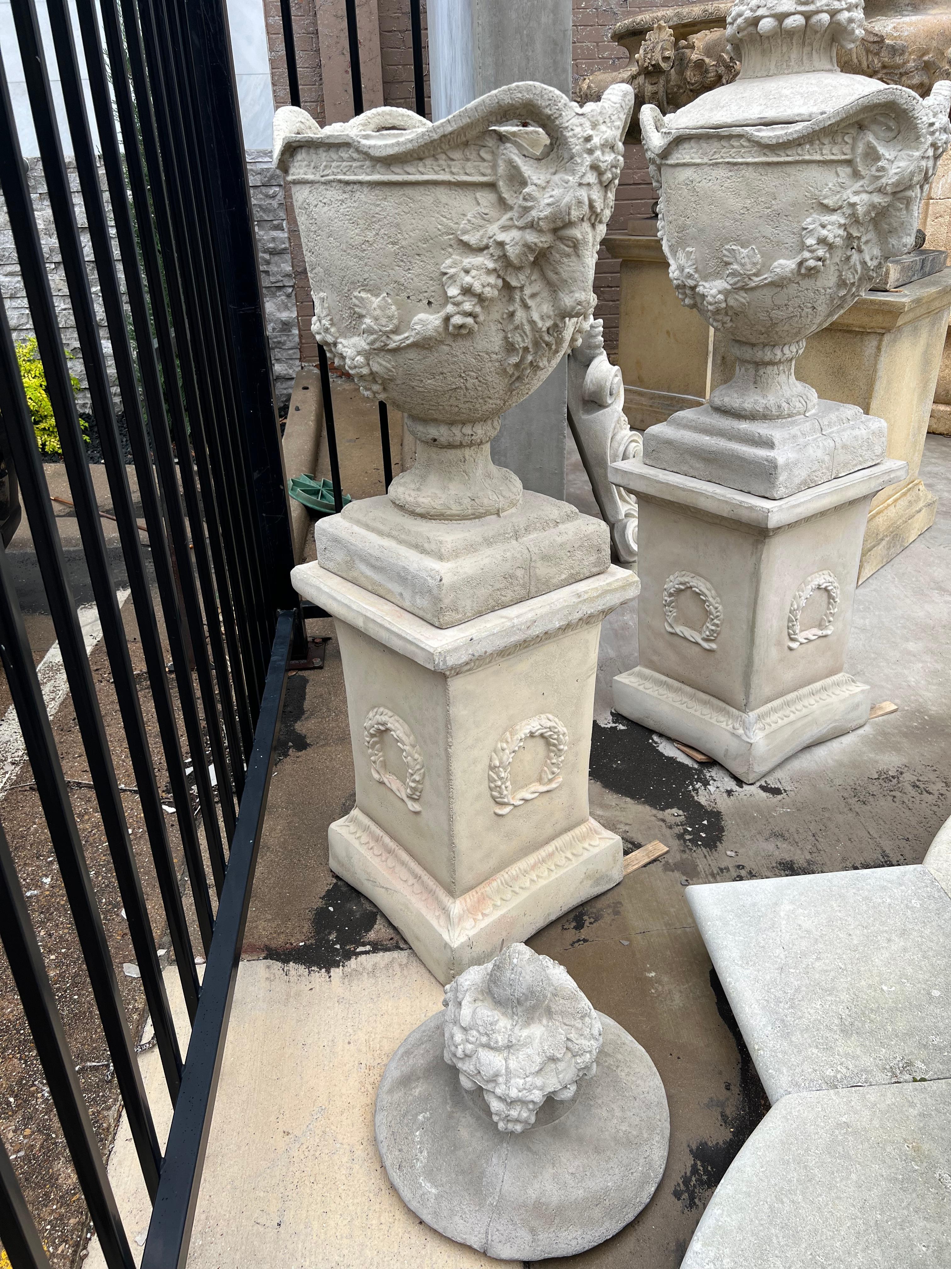 Pair of Lidded French Garden Urns with Rams Heads and Grape Vines on ...