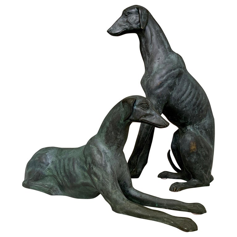 Pair of Life-Size Bronze Whippet Dog Sculptures For Sale at 1stDibs