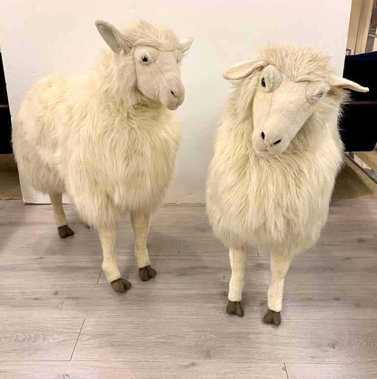 Pair of Life-Size Sheepskin Wool Sheep Sculptures Statues Brooks ...