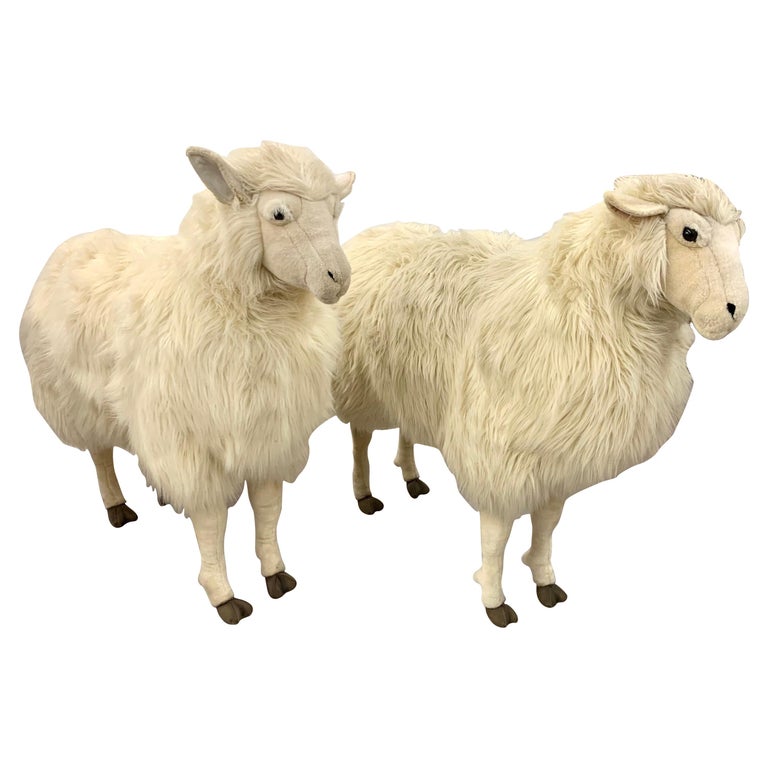 Pair of Life-Size Sheepskin Wool Sheep Sculptures Statues Brooks ...