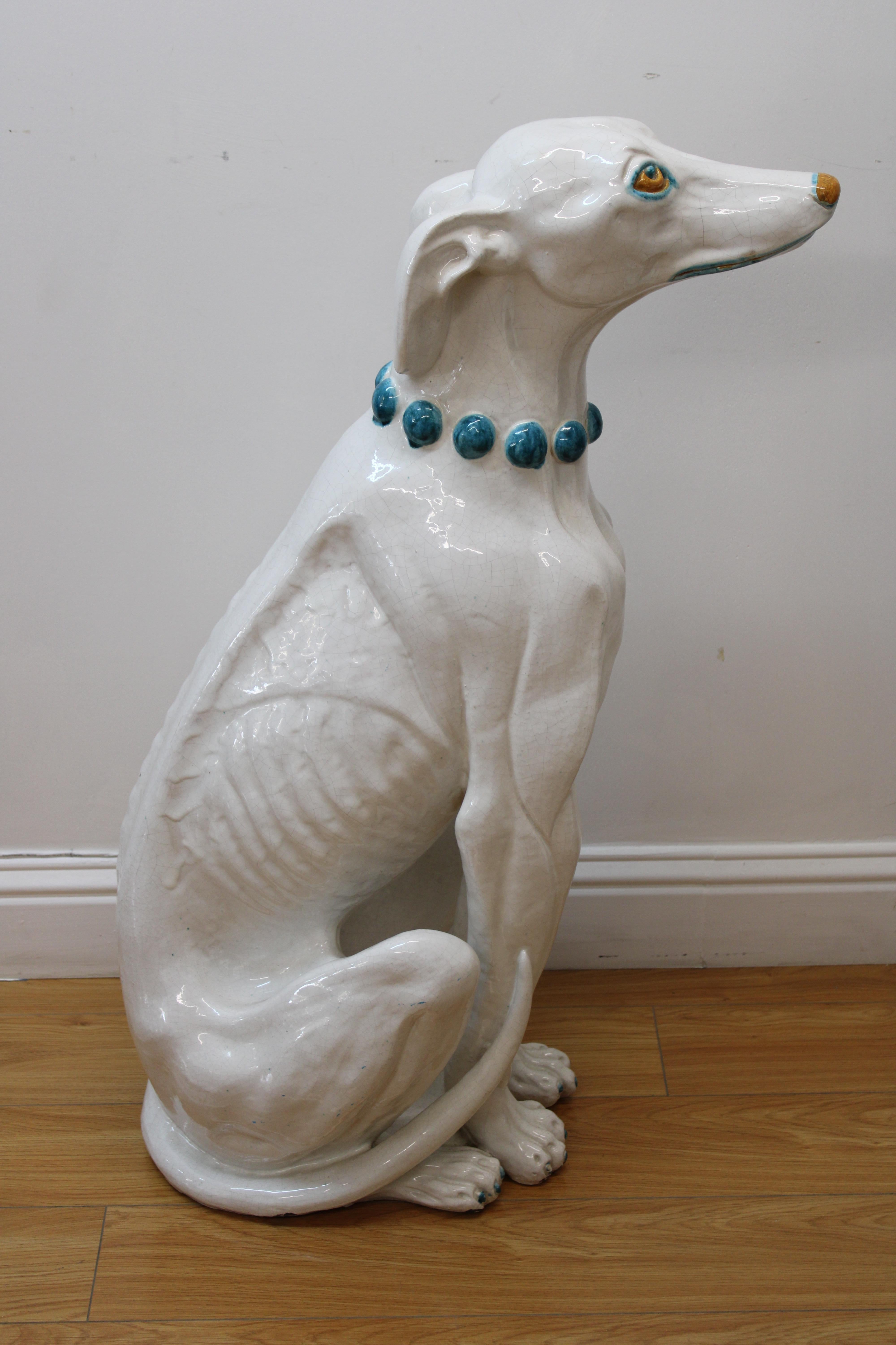 Pair of Life Sized Glazed Ceramic Greyhounds For Sale at 1stDibs