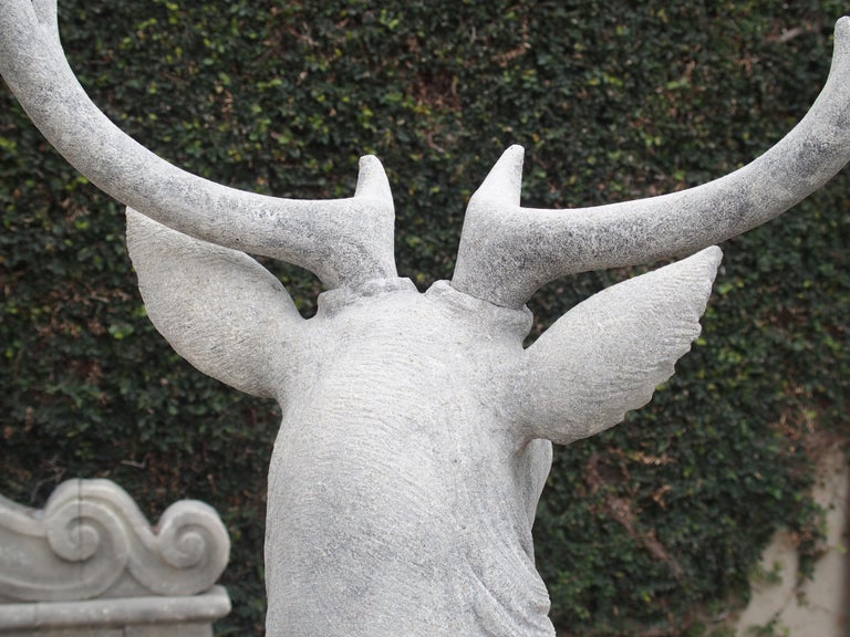 Pair of Life-Sized Italian Carved Limestone Stags on Pedestals at 1stDibs