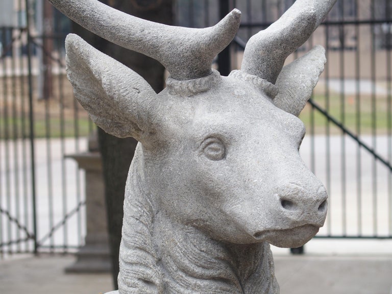 Pair of Life-Sized Italian Carved Limestone Stags on Pedestals at 1stDibs