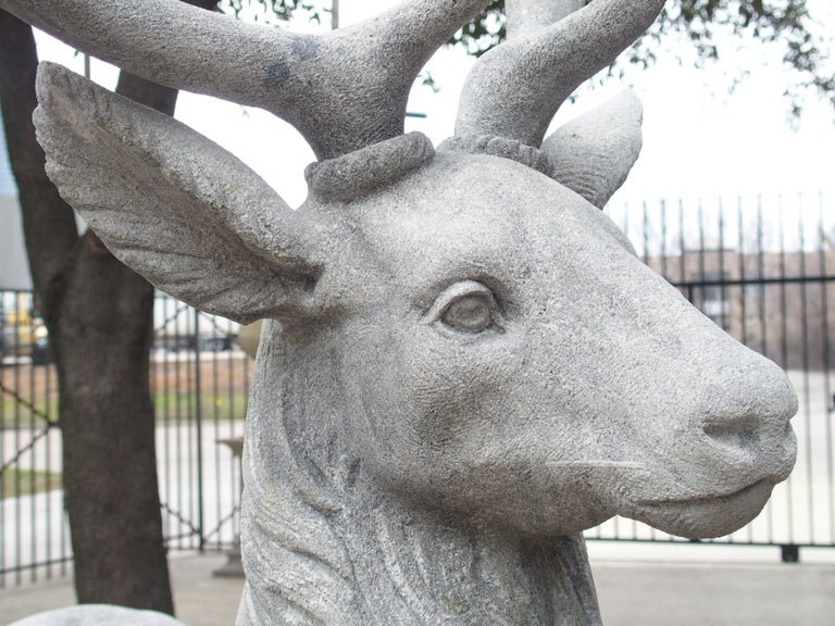 Pair of Life-Sized Italian Carved Limestone Stags on Pedestals at 1stDibs