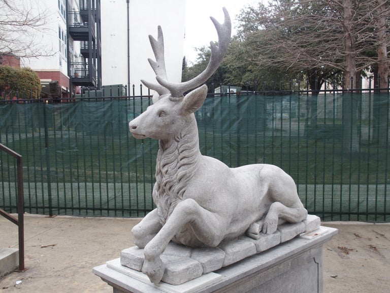 Pair of Life-Sized Italian Carved Limestone Stags on Pedestals at 1stDibs