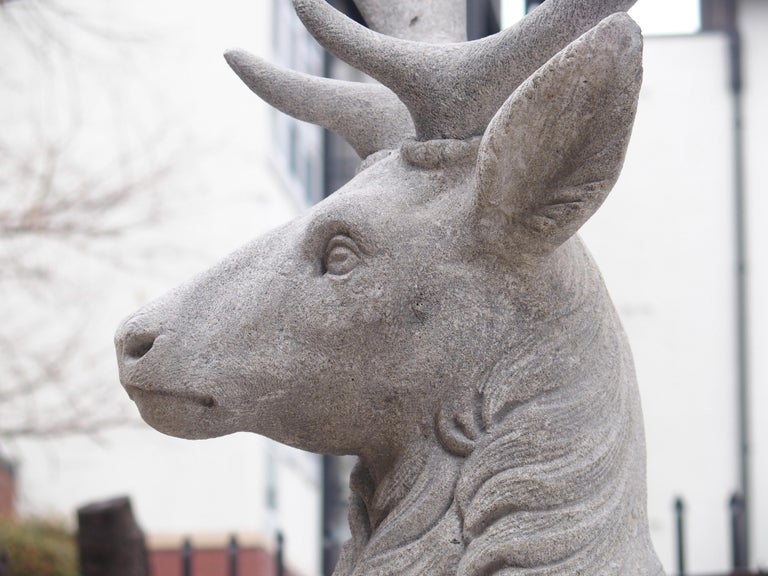 Pair of Life-Sized Italian Carved Limestone Stags on Pedestals at 1stDibs