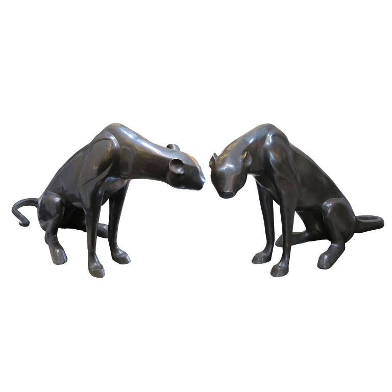 Pair of Lifesize Bronze Leopards, French Midcentury at 1stDibs
