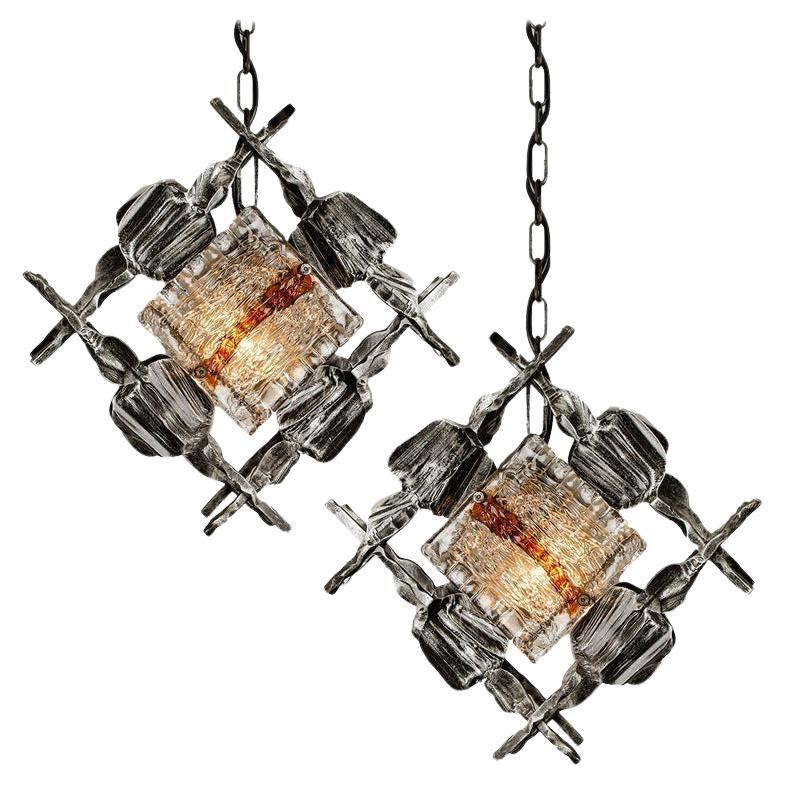 Vintage 70s Wrought Iron Chandelier Eight Candles Swedish Art Glass 2 ...