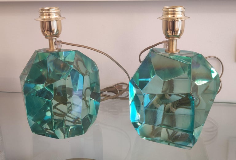 Pair of Light Green Crystal Faceted Table Lamps For Sale at 1stDibs