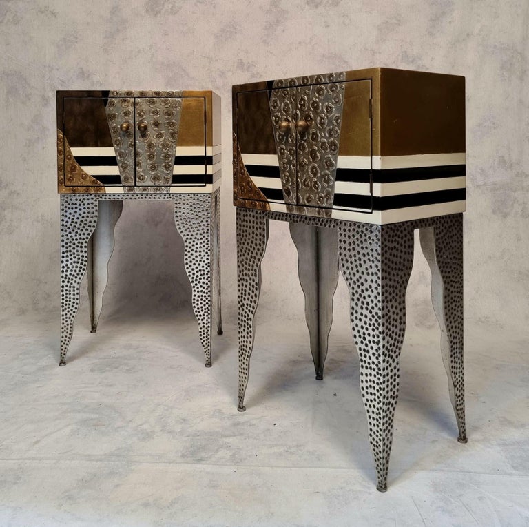 Pair of Living Room Commodes, Lacquered Wood and Hammered Metal, Ca ...