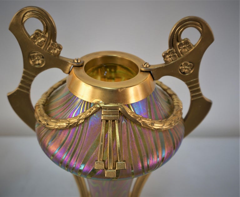 Pair Of Loetz Style Art Nouveau Iridescent Glass Vases with Dore Metal ...