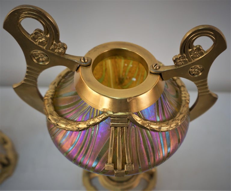 Pair Of Loetz Style Art Nouveau Iridescent Glass Vases with Dore Metal ...