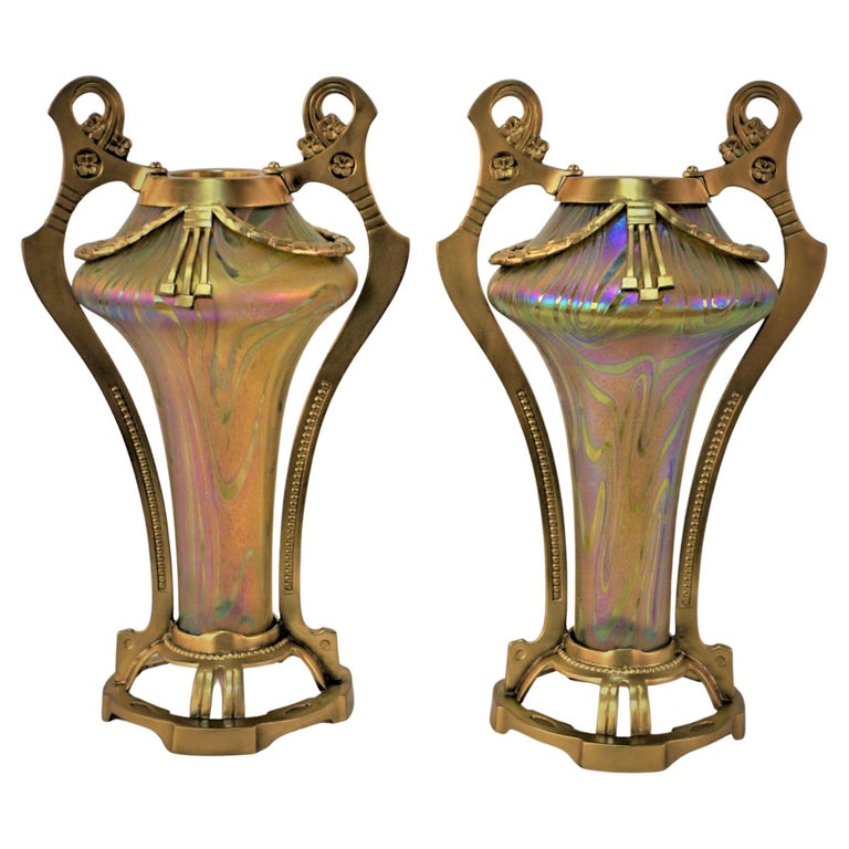Pair Of Loetz Style Art Nouveau Iridescent Glass Vases with Dore Metal ...