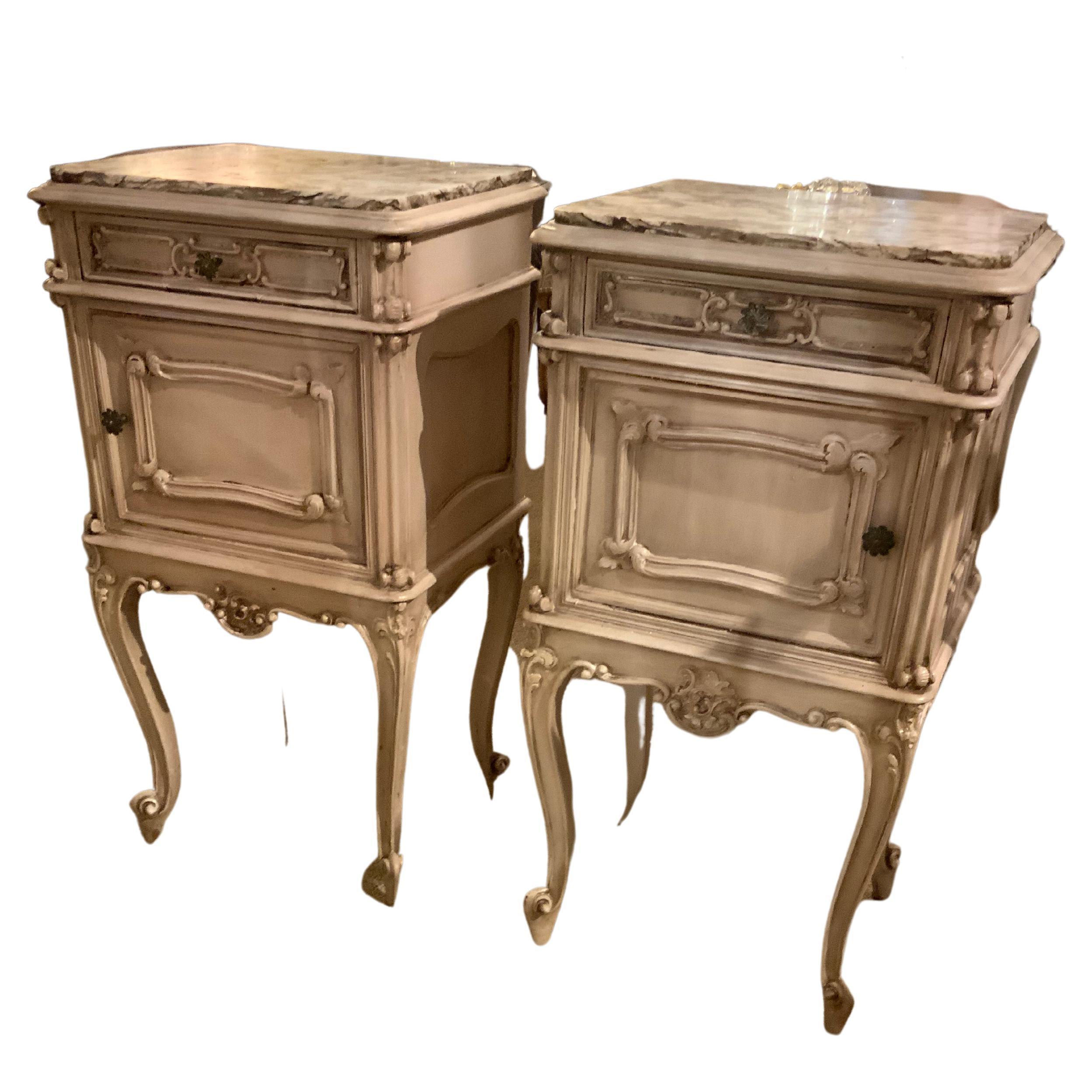 Pair of French Style Night Stands or Commode with Marble Top and Inlay ...