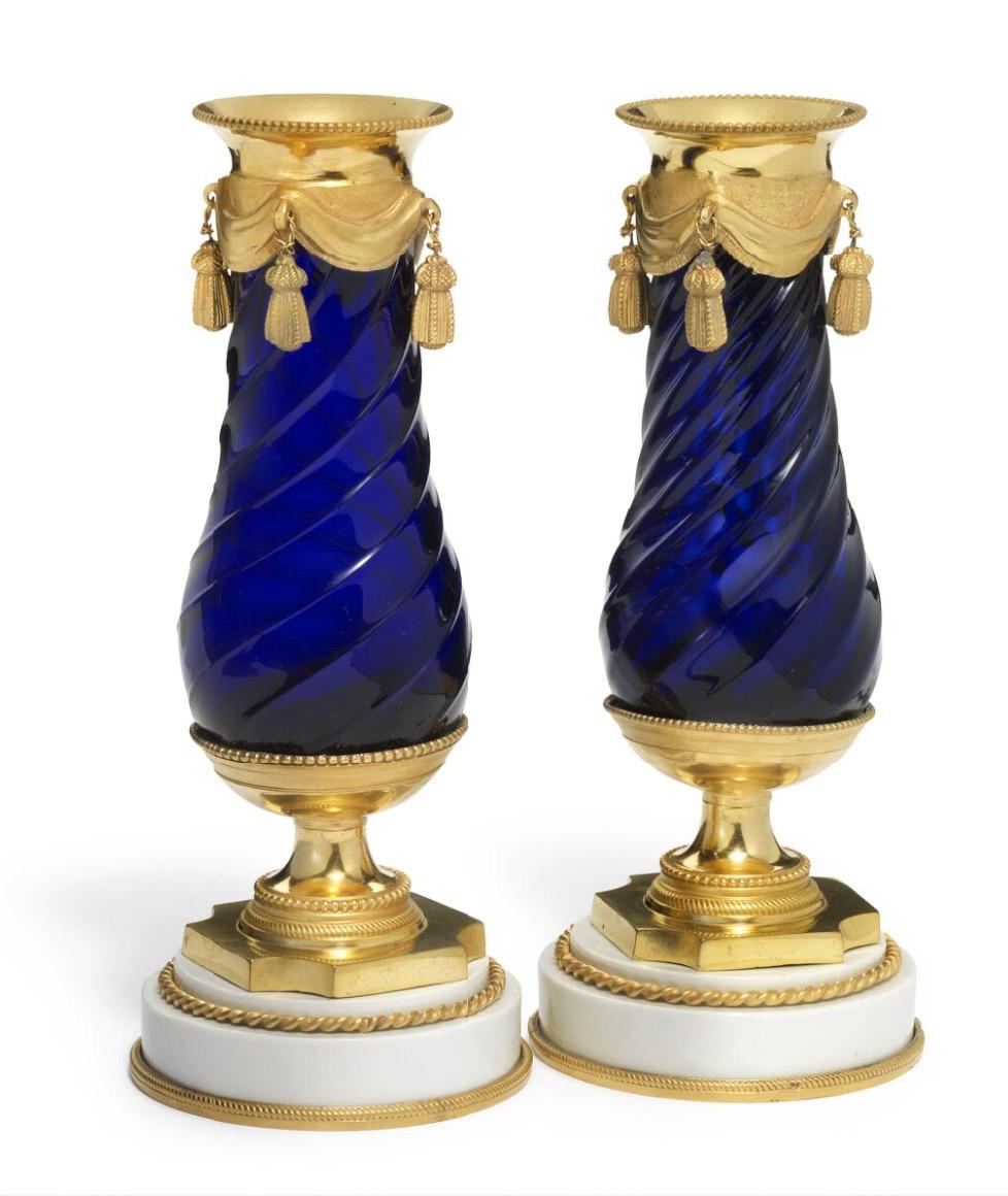Pair of Louis XVI Gilt Bronze and Blue Glass Vases on White Porcelain ...