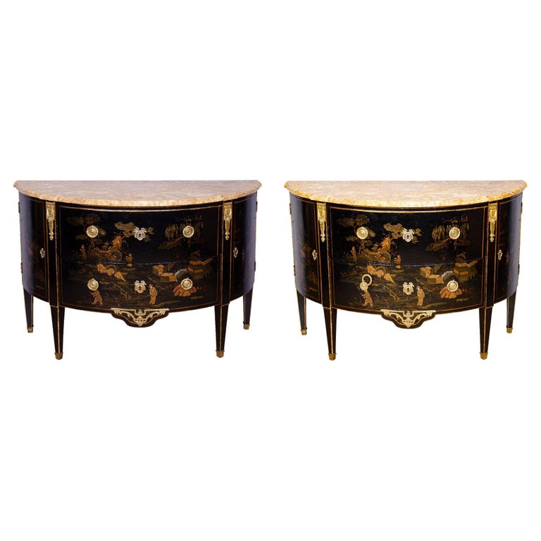 Pair of Louis XVI Style Chinoiserie Decorated Demilune Commodes at 1stDibs