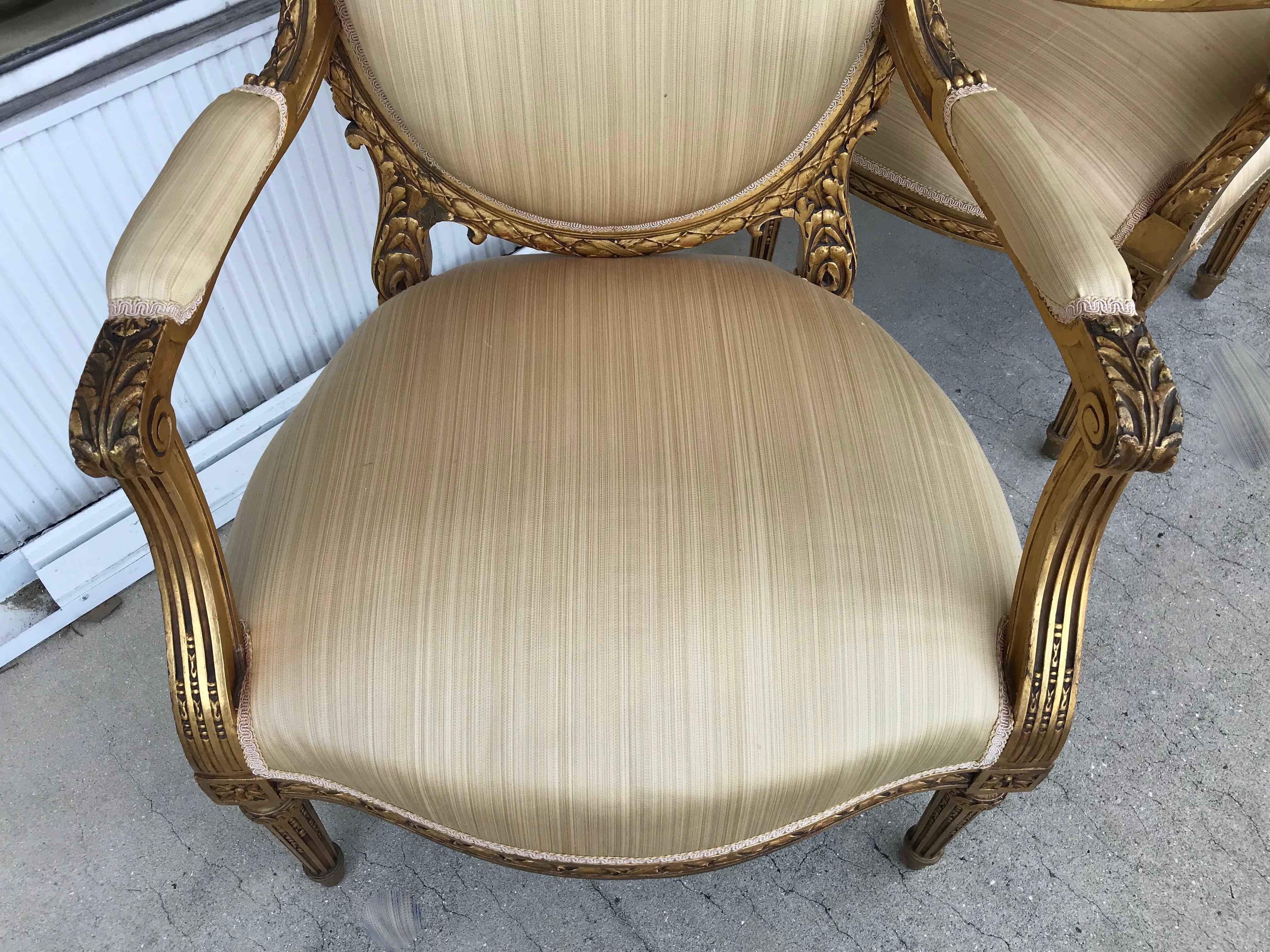 Pair of Louis XVI Style Gilded Arm Chairs at 1stDibs