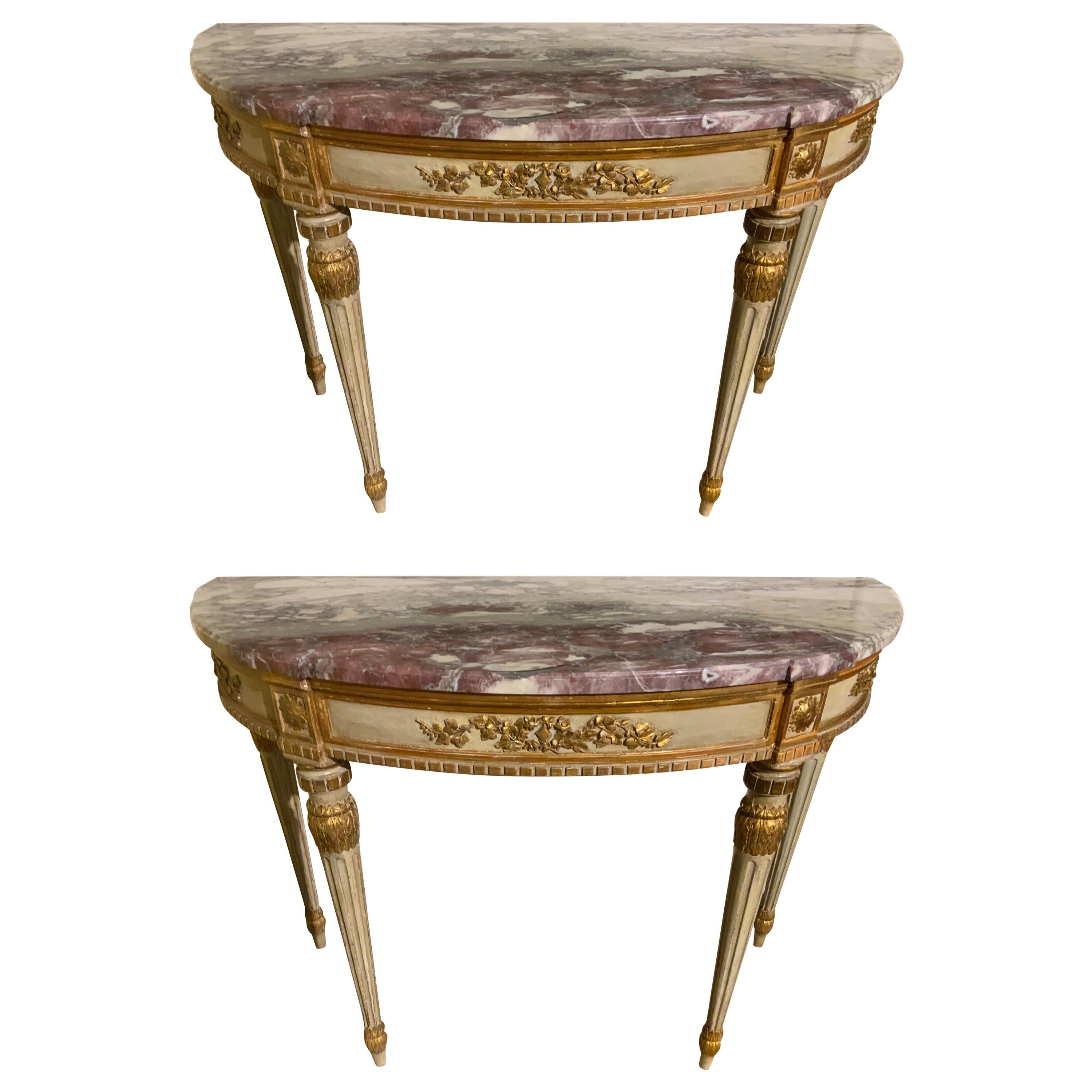 Pair of Louis XVI Style Giltwood Consoles with White and Gray Marble ...