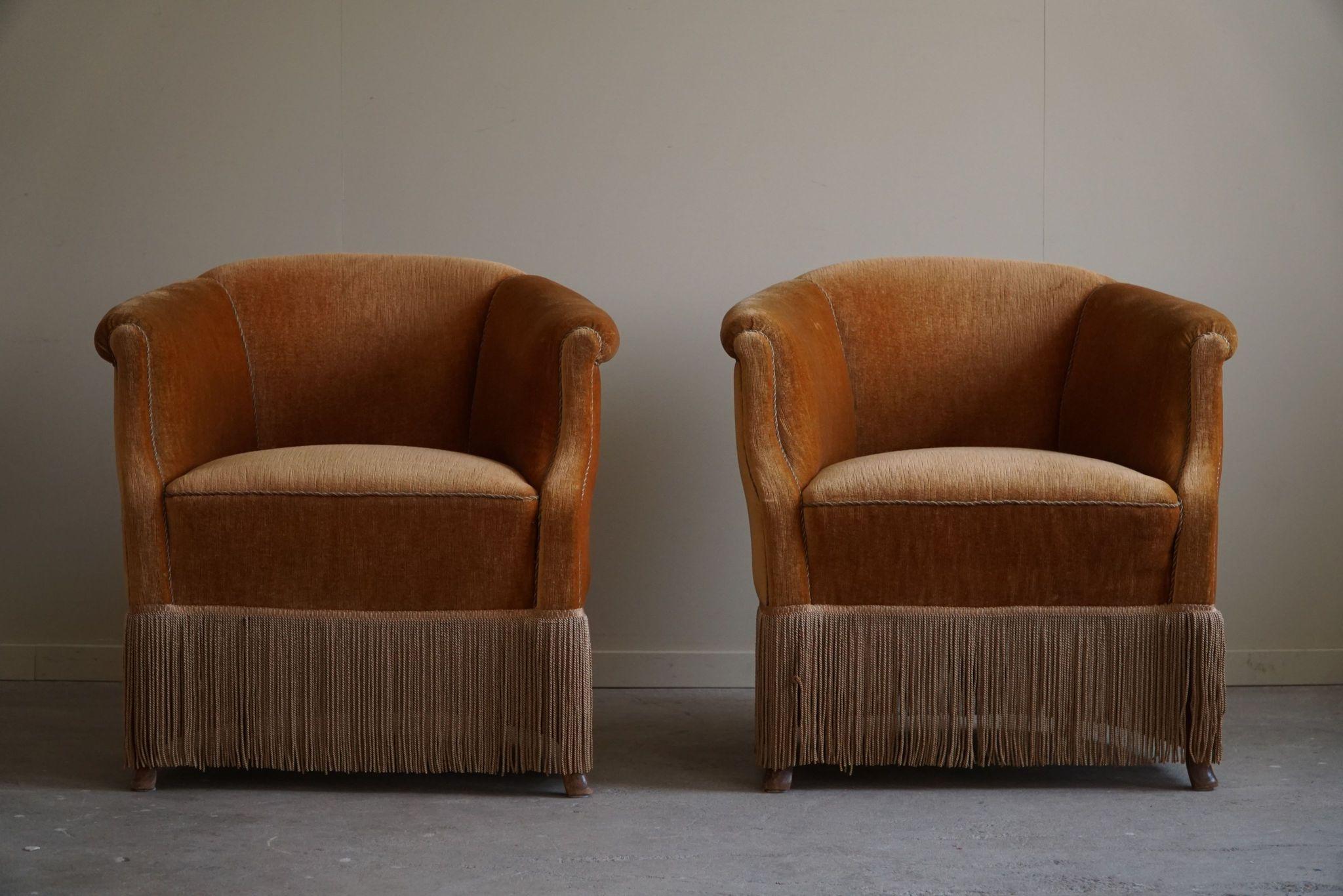 Pair of Lounge Chairs in Golden Velour, Danish Carbinetmaker, Art Deco ...